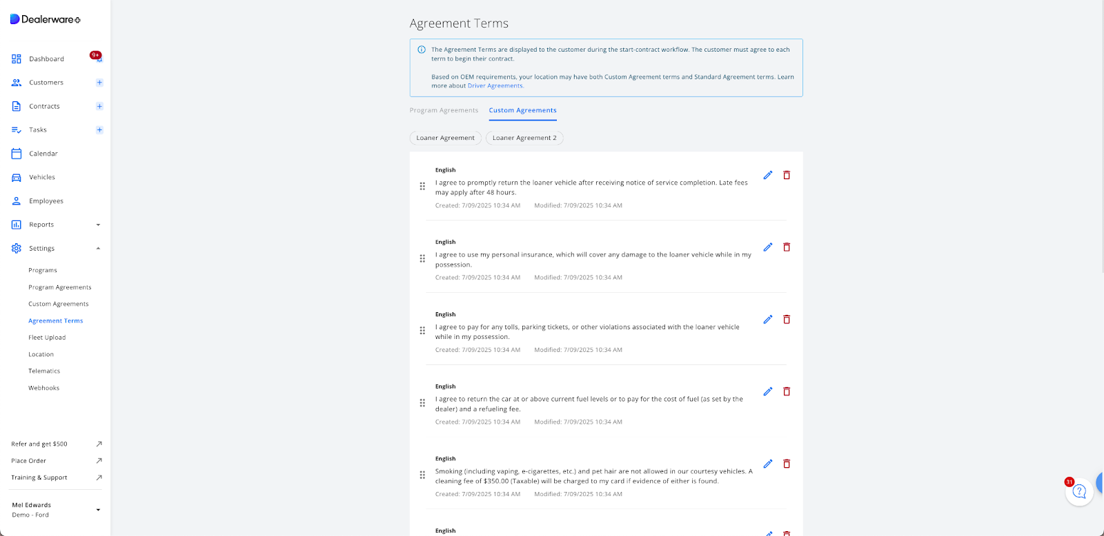View or Edit Custom Agreement Terms – Dealerware