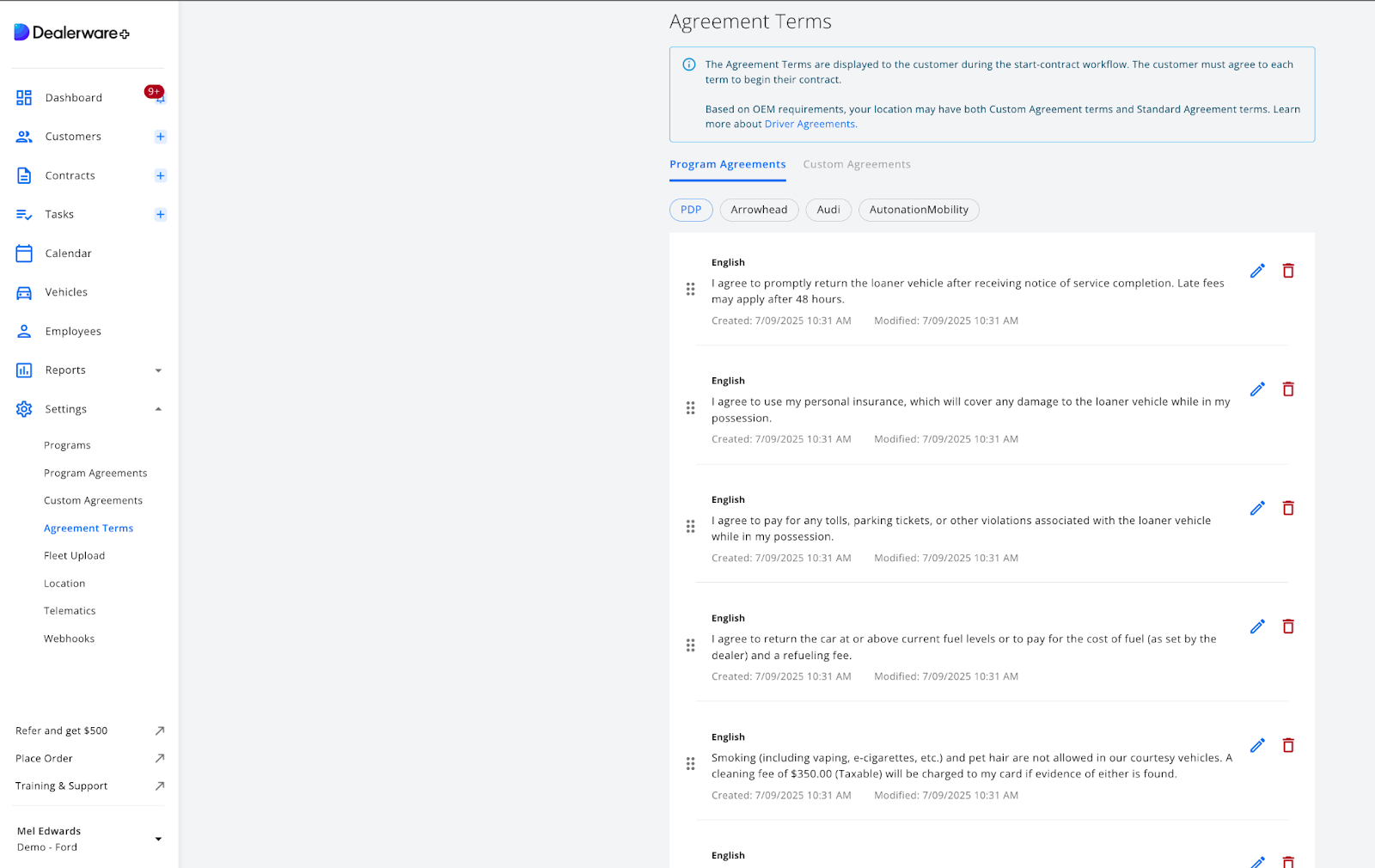 View and Edit Program Agreement Terms – Dealerware