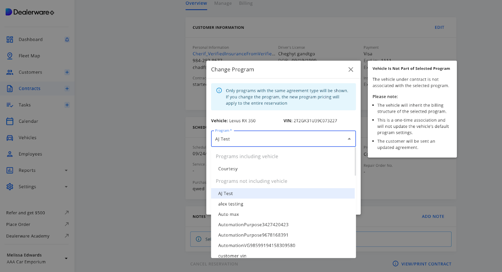 Change the Program on a Started Contract – Dealerware